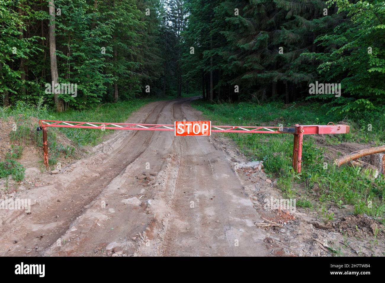 Stop sign on a forest road. Closed barrier. Entry into the forest is ...