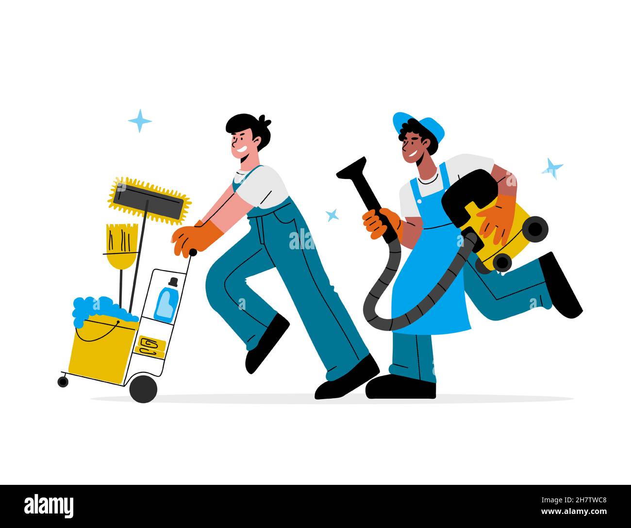 Caucasian,african-american male janitors in rubber glove with a vacuum ...