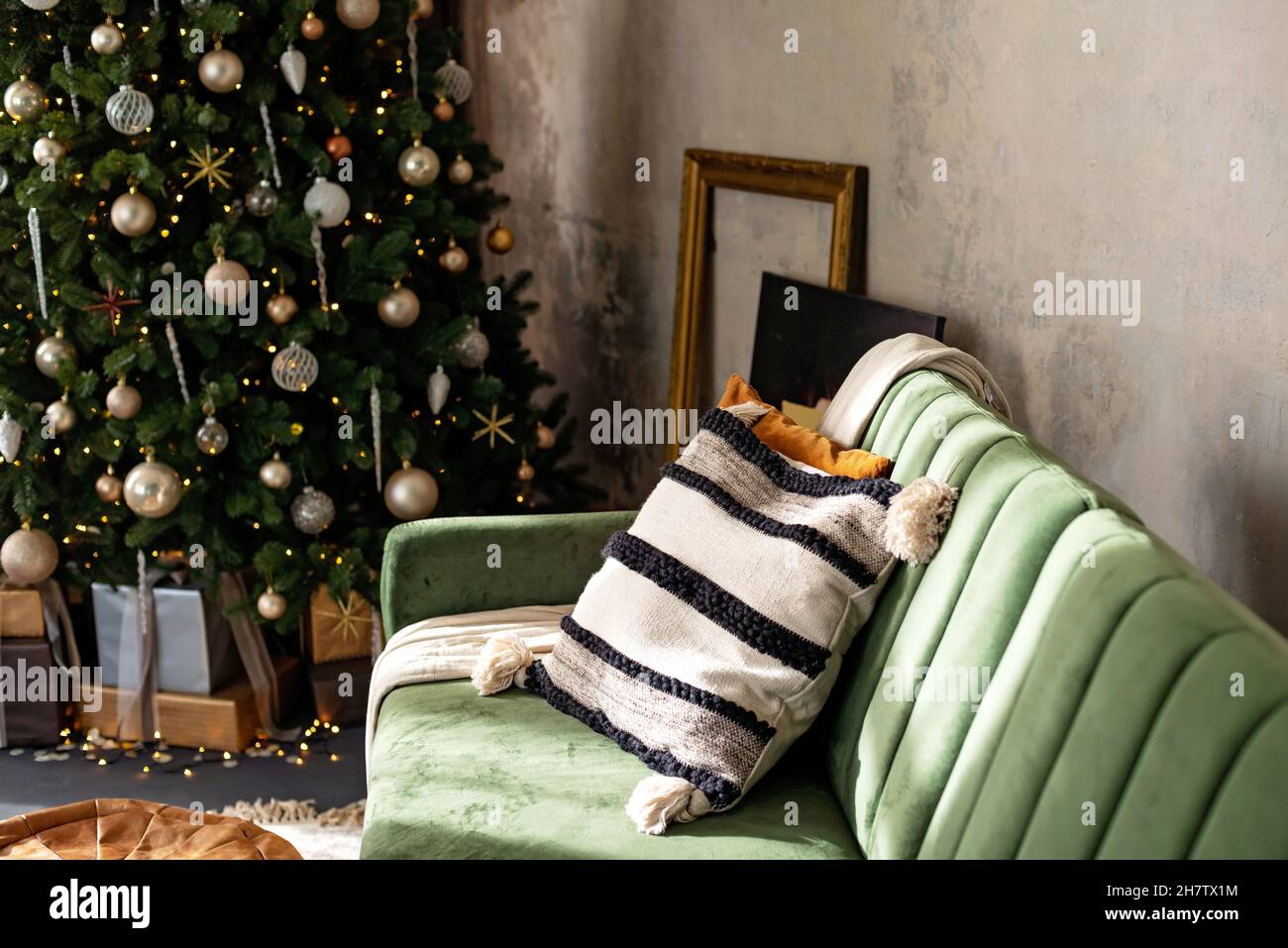 New year background. Christmas loft room interior. Lighting, candles ...