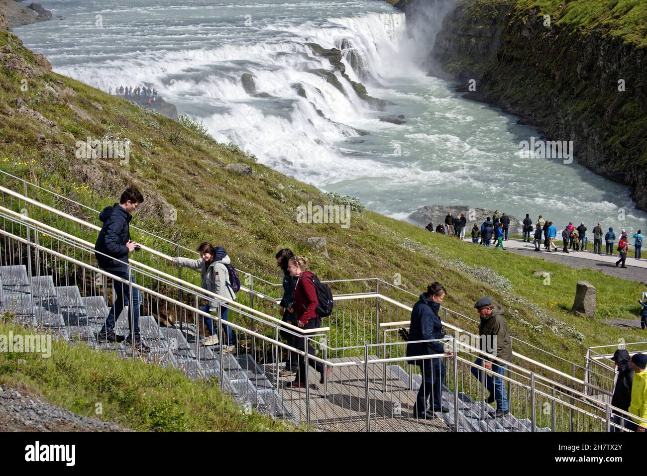 Gullfoss Falls, Golden Falls, drops 32 meters, 105 ft into a canyon ...