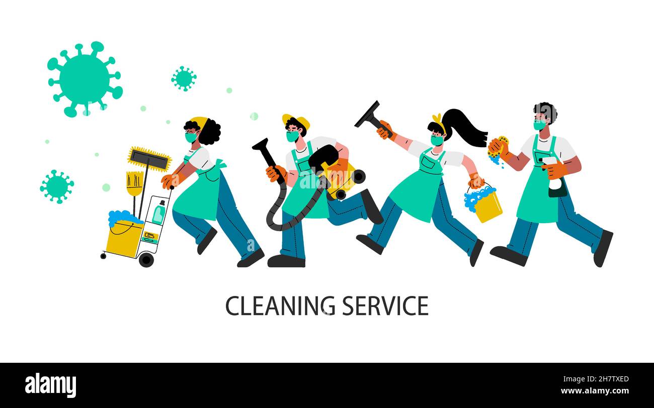 Janitors team in rubber glove rush to clean up.Cleaning team disinfects ...