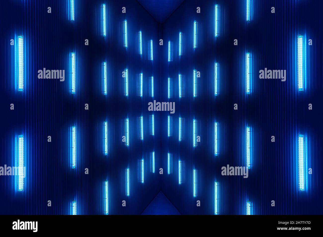 Abstract futuristic background. Blue glow from electric lamps. Neon ...