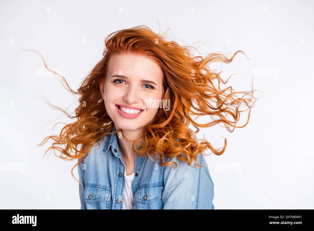 Photo of charming attractive nice young woman smile fly hair blow wind ...