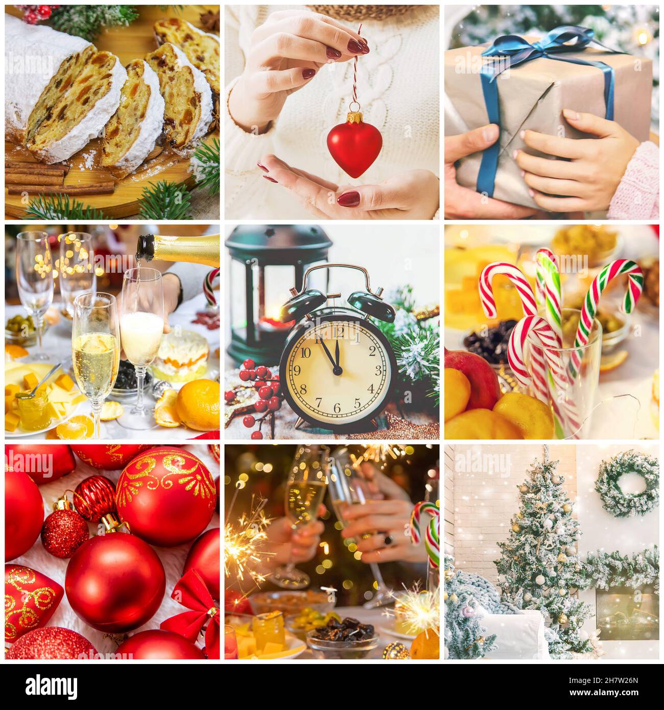 Collage with beautiful Christmas photos. Selective focus. New year ...