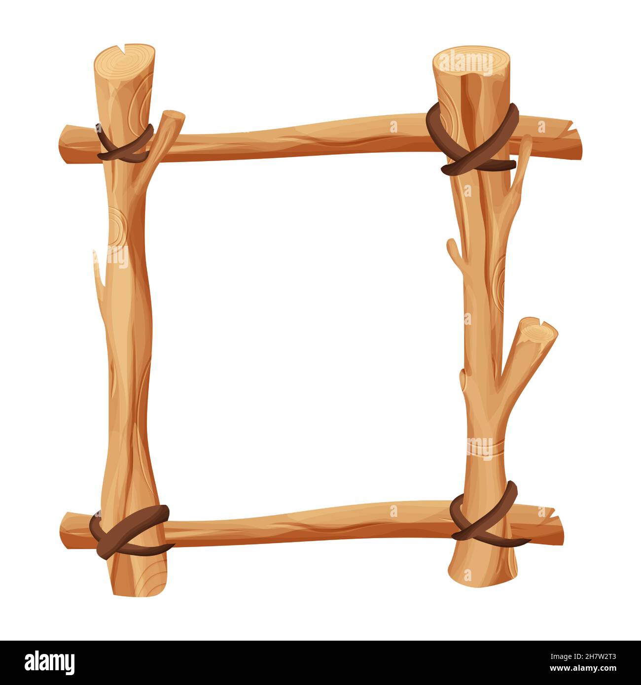 Frame, border from wood branch, sticks and leather rope in comic ...