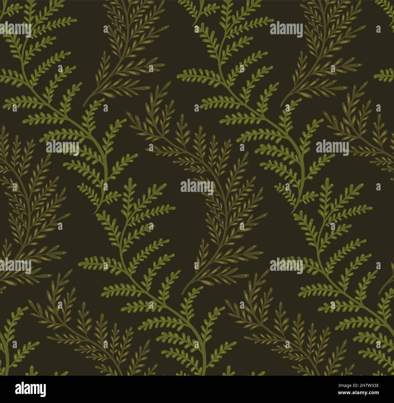 Seamless pattern with curls of fern branches on a dark green background ...