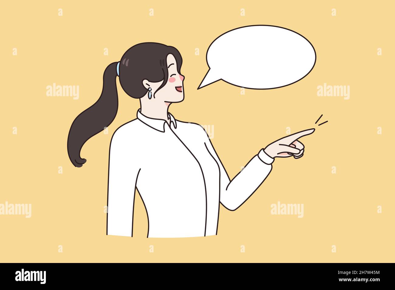 Communication and speech bubble concept. Young smiling woman standing ...