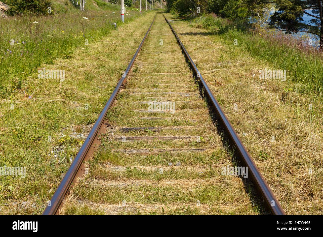 Circum-Baikal Railway, Russia. old railway with wooden sleepers. Mowed ...