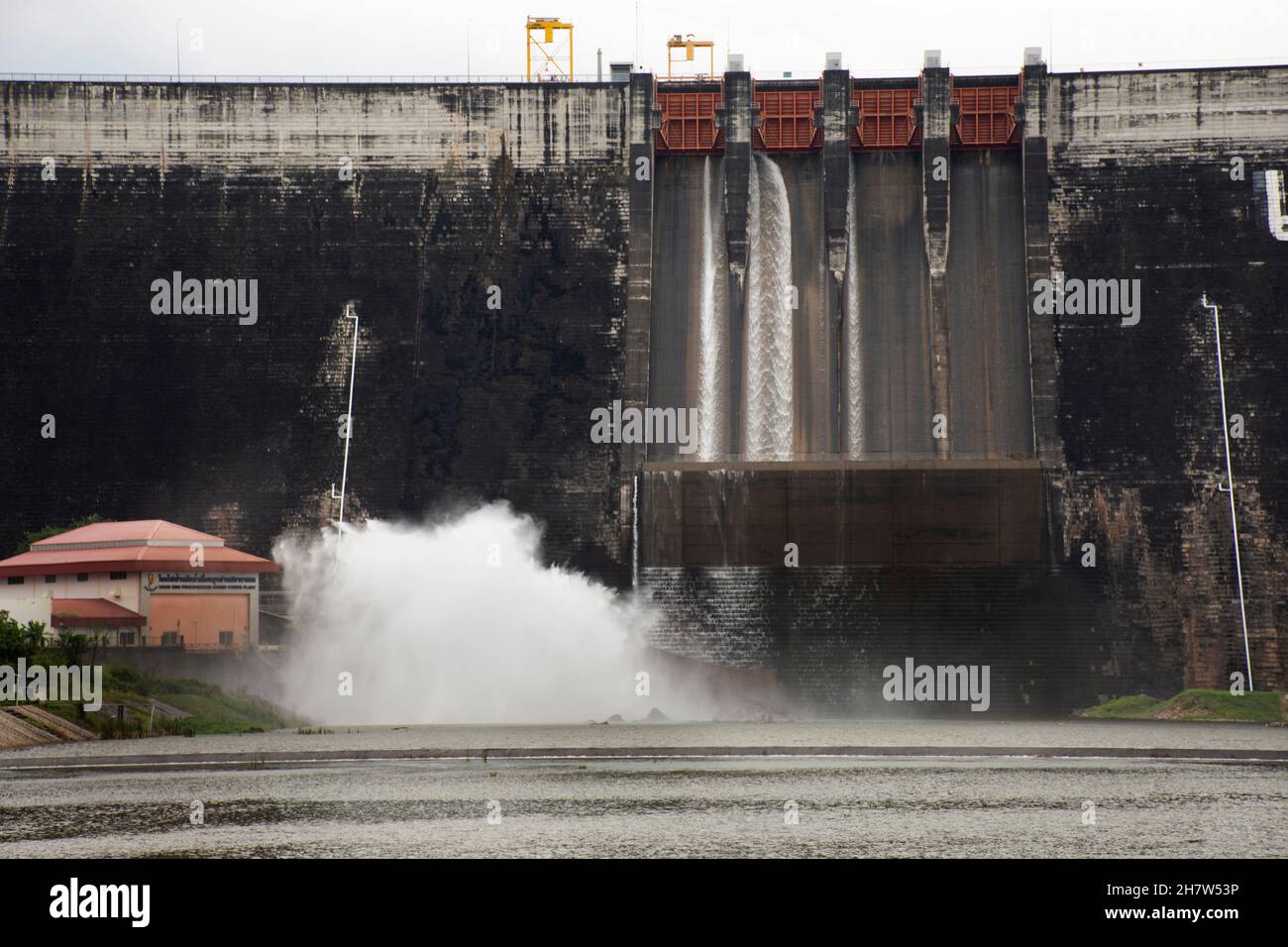 Khun Dan Prakan Chon concrete dam or Khlong Tha-Dan Barrage Dam while ...