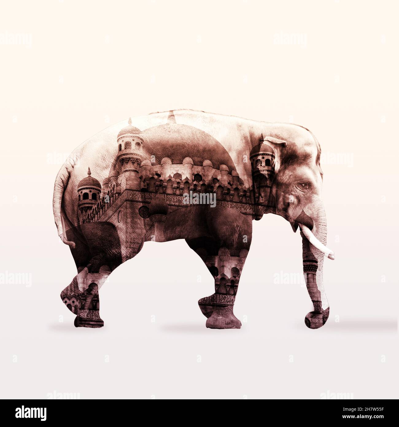 Double exposure poster with big Asian elephant and Mosque silhouette ...