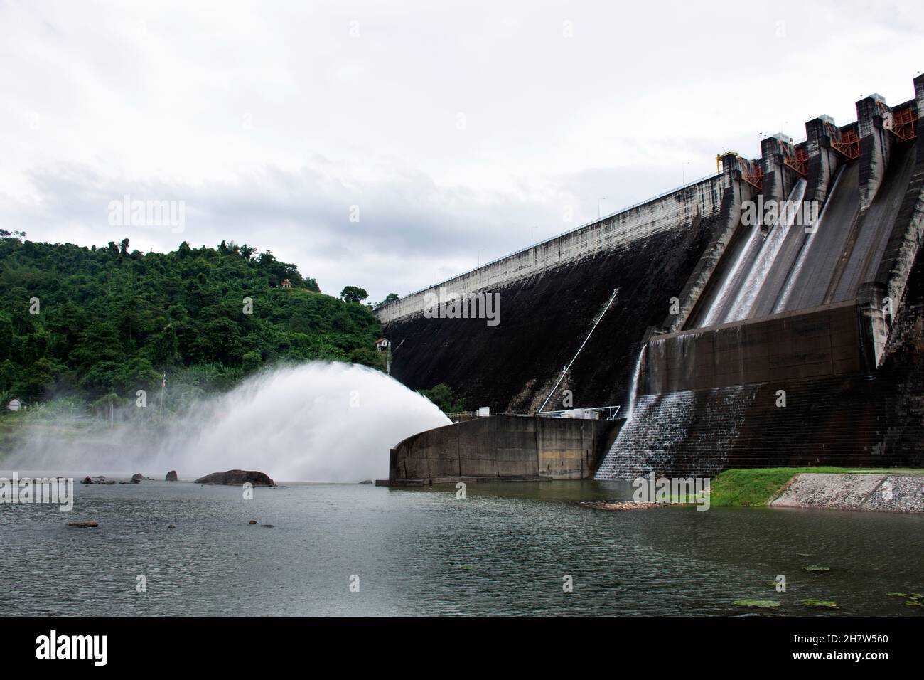 Khun Dan Prakan Chon concrete dam or Khlong Tha-Dan Barrage Dam while ...