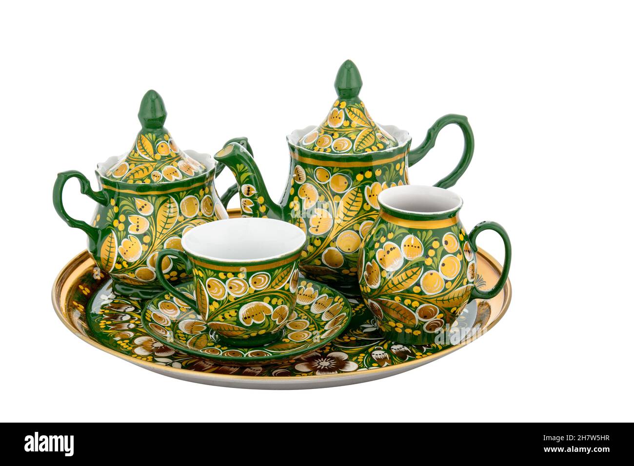 Tea Set of Old Traditional Russian folk utensils. Dishes with handmade ...