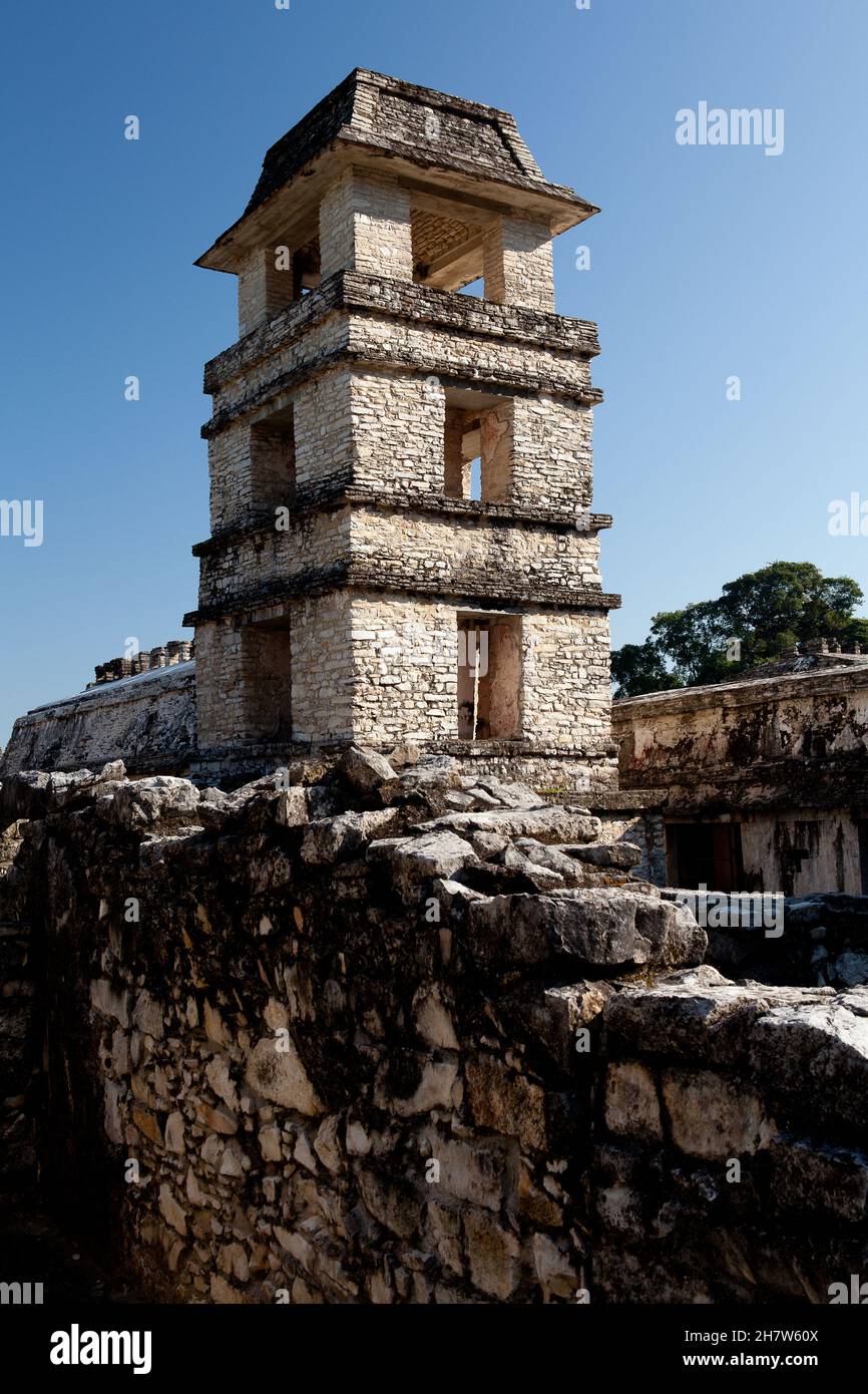 The Palace complex of ancient pre-columbian mayan buildings located at ...