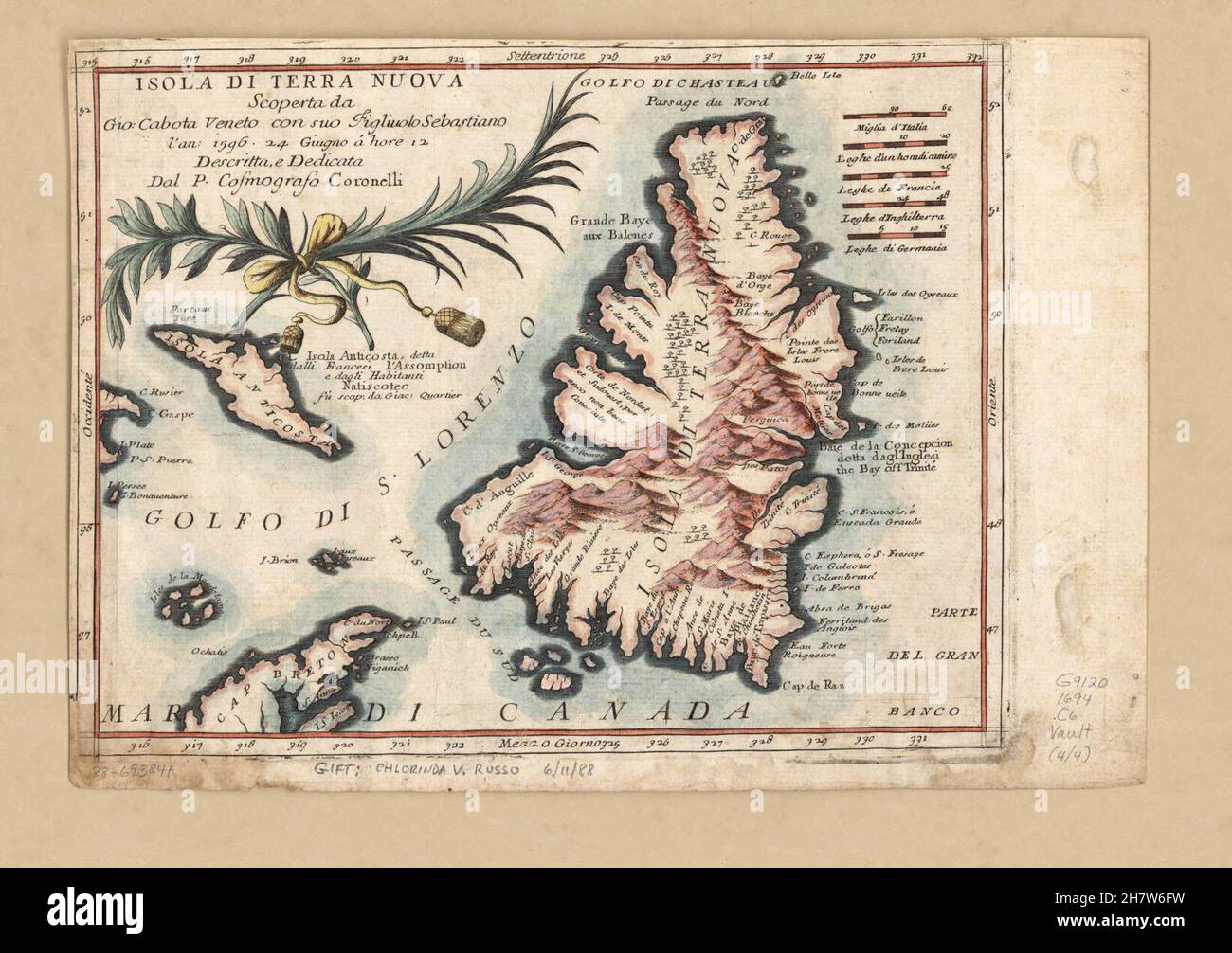 Map of Newfoundland by Vincenzo Coronelli, 1 January 1692 Stock Photo ...