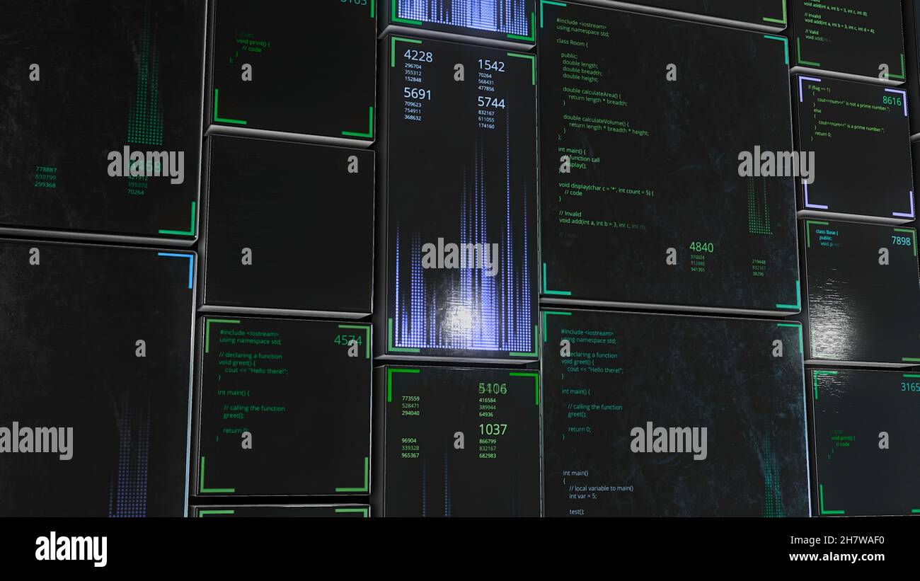 Moving panels with digital data. Animation. 3D steel panels with ...