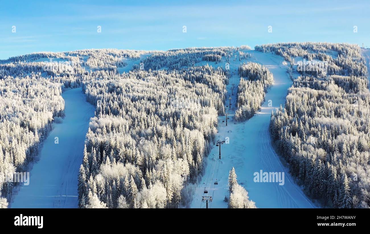 Top view of ski slopes with lifts. Footage. Beautiful view of snow ...