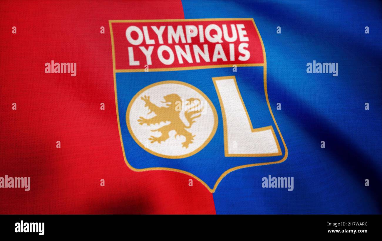 Close-up of waving flag with FC Olympique Lyonnais football club logo ...