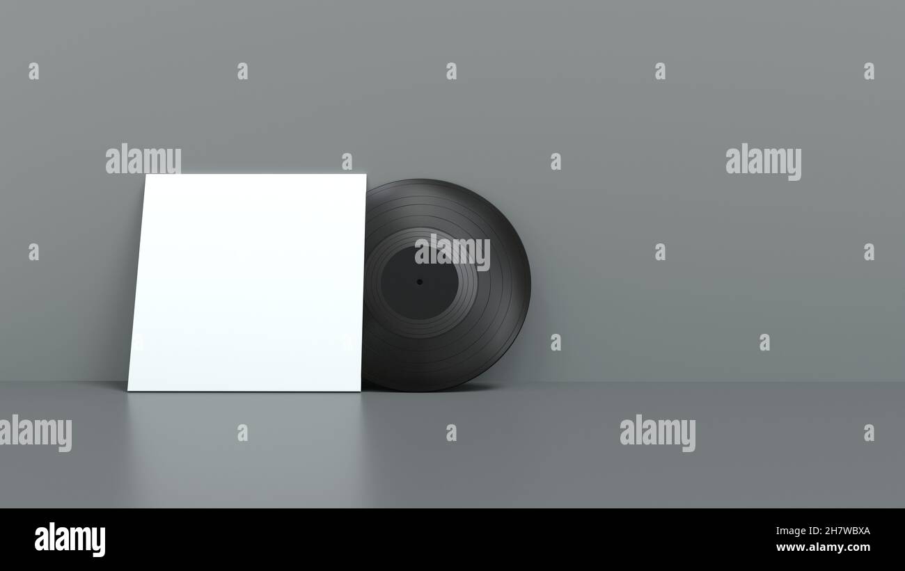 vinyl record in front of its cover placed against a wall - 3D rendering ...