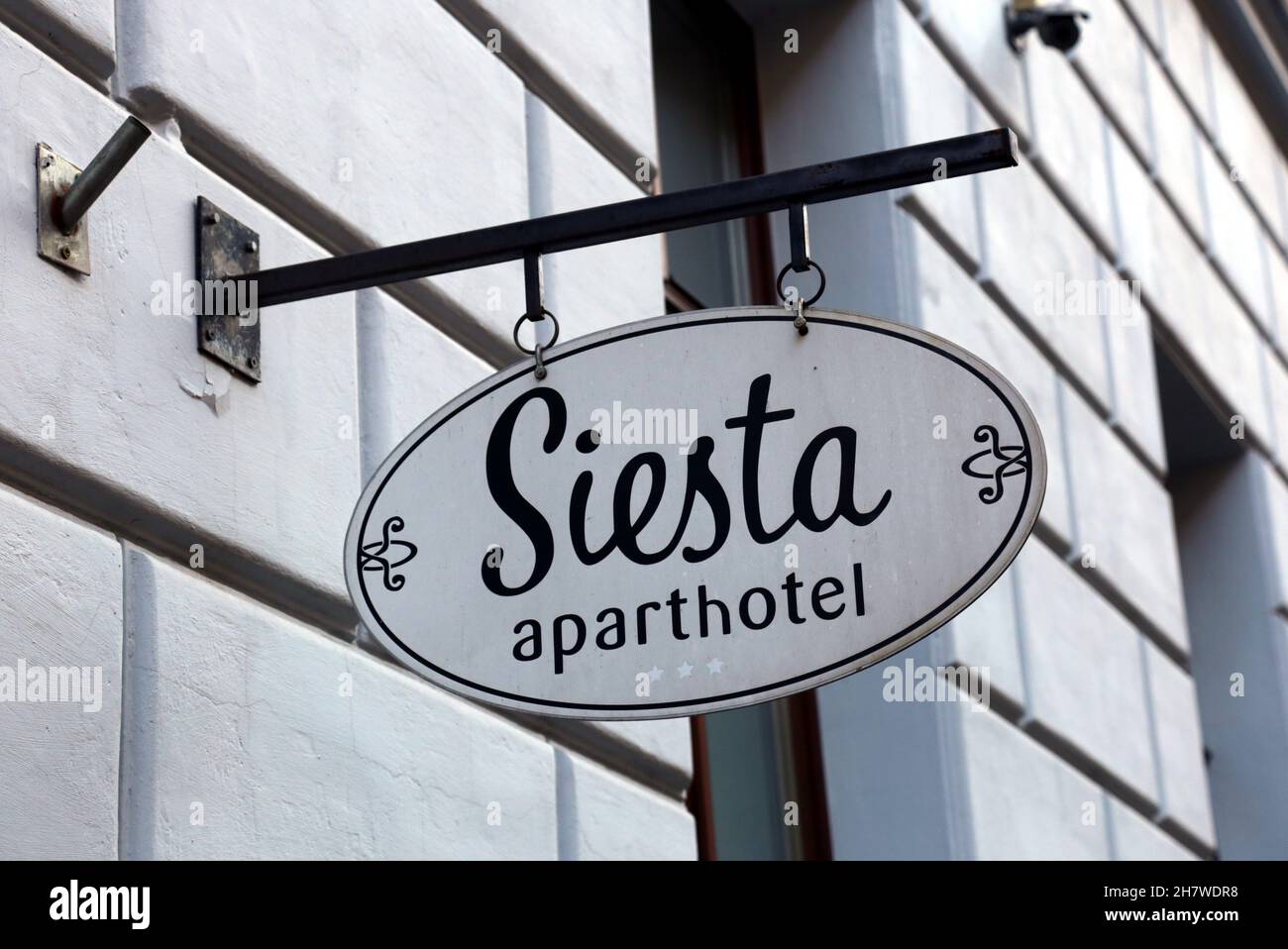 Cracow. Krakow. Poland. "Siesta Aparthotel" signboard on the building ...