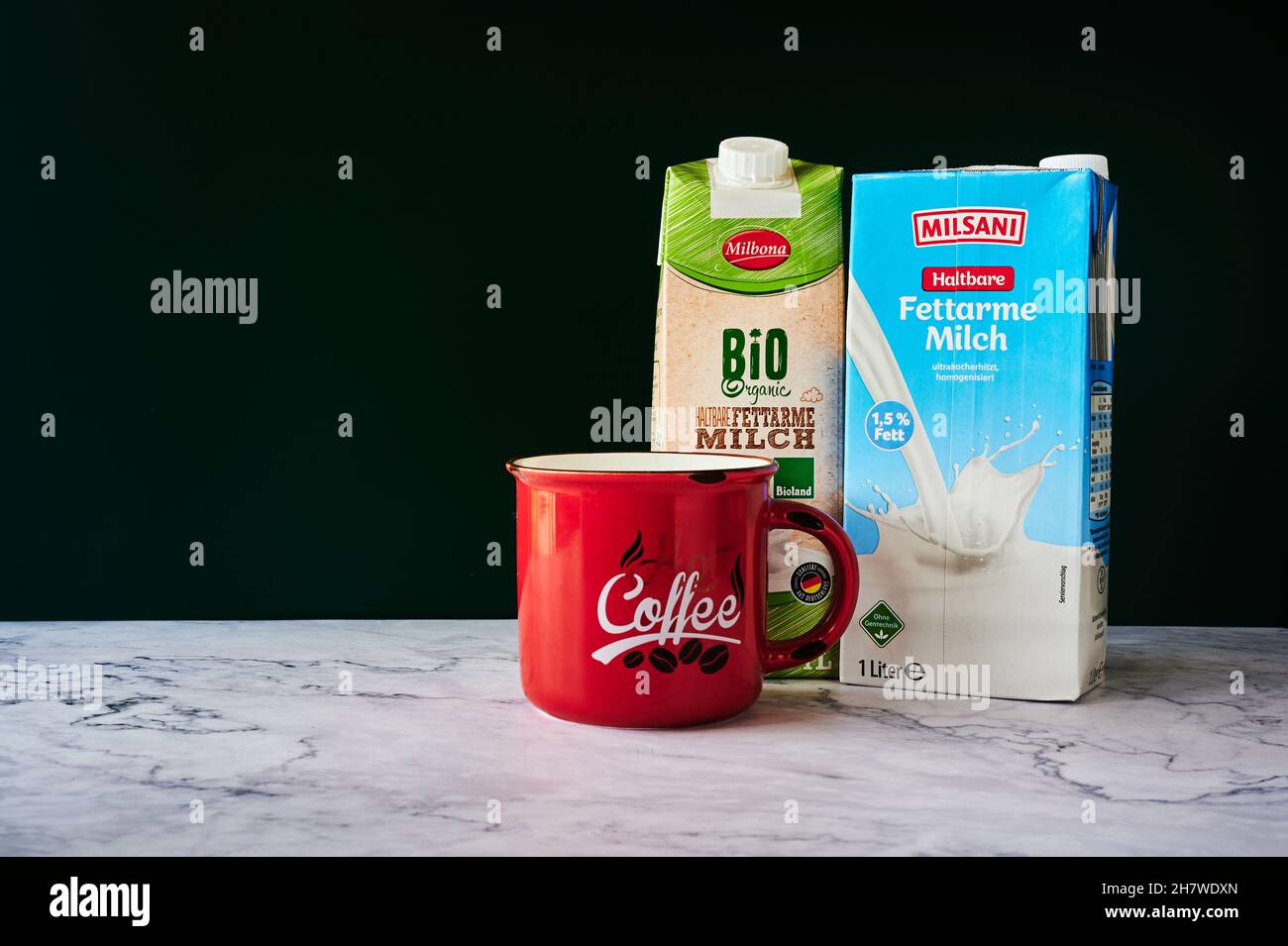 Berlin, Germany - November 25, 2021: View of different packs of milk ...