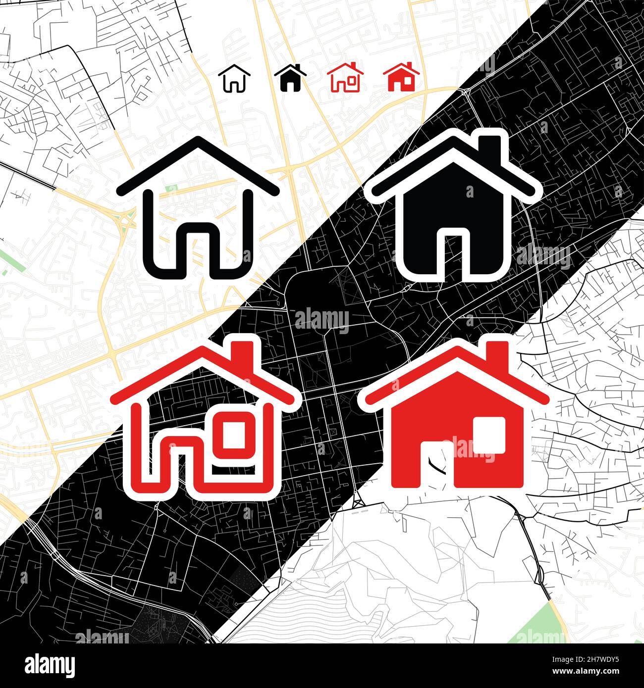 Collection of Home House Icons on Vector Map Vector Illustration. Usual ...