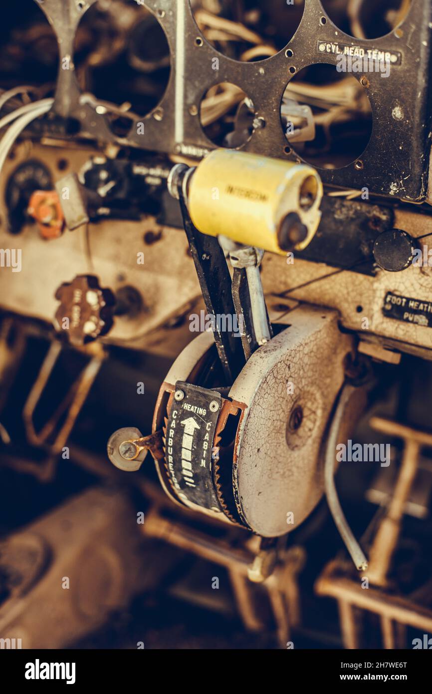 Color close up shot of a vintage rusty lever inside a airplane Stock ...