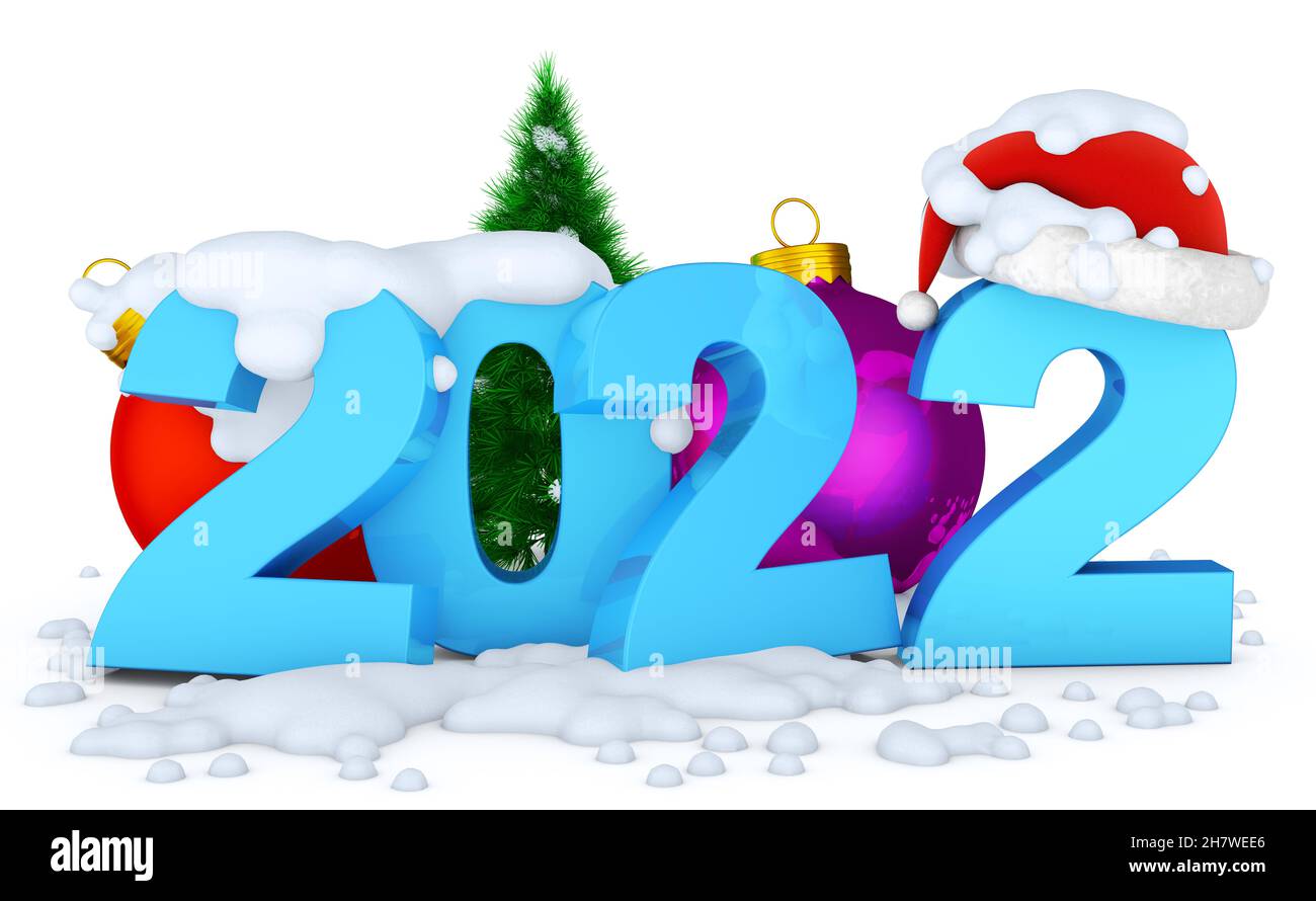 Snowy numbers 2022 next to a Christmas tree. 3D rendering Stock Photo ...