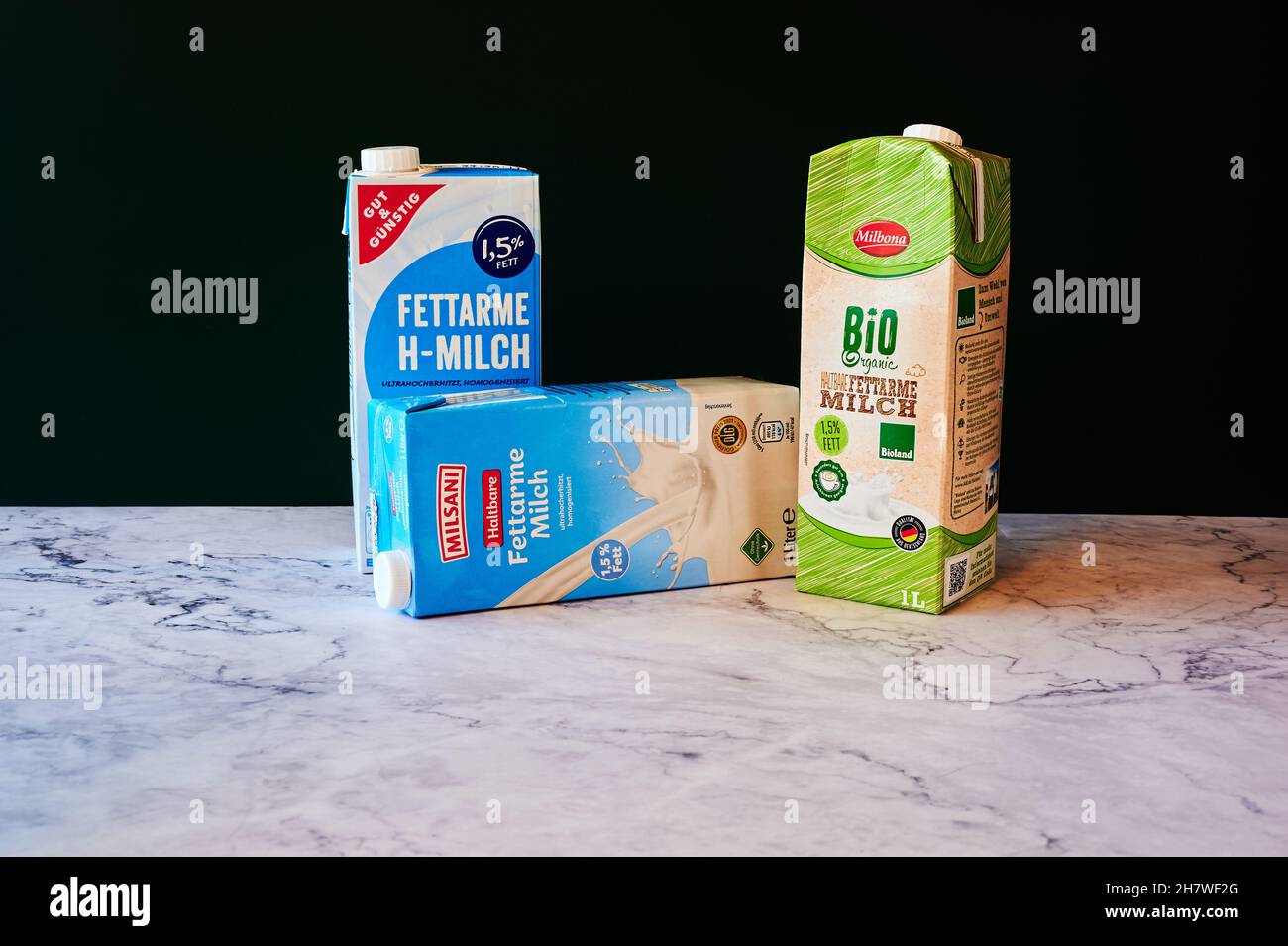 Berlin, Germany - November 25, 2021: View of different packs of milk ...