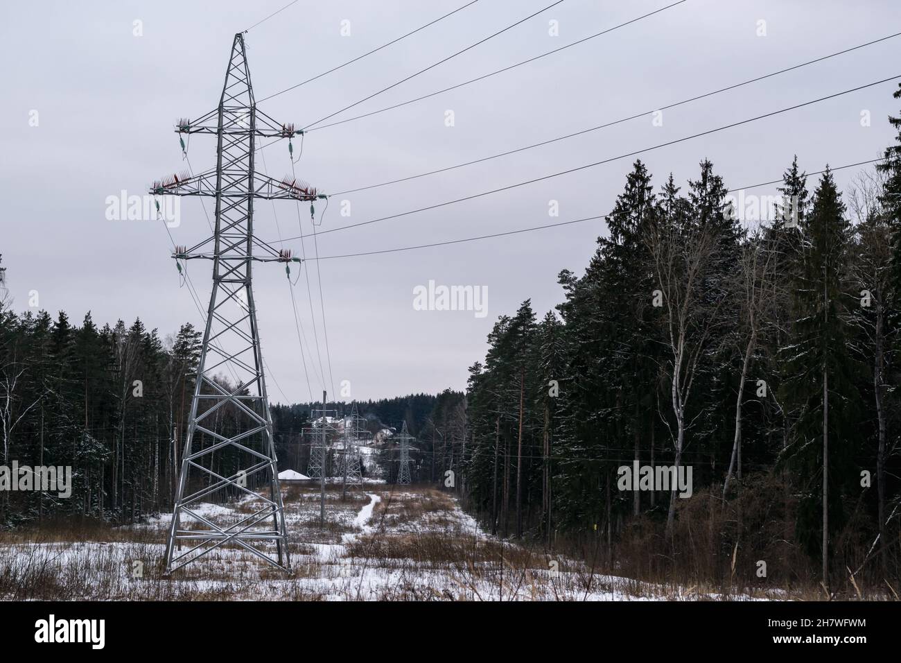 An overhead power line support with wires, standing near the forest ...