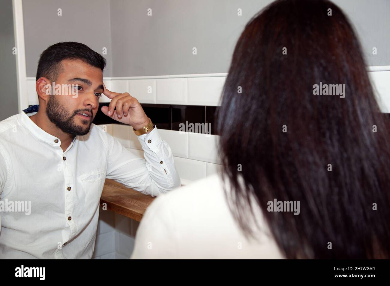 Couple working . Couple in coffee shop. Job interview. Meeting in ...