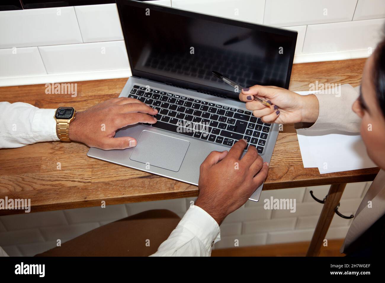 Couple working with computer. Couple in coffee shop. Man with pc. Boy ...