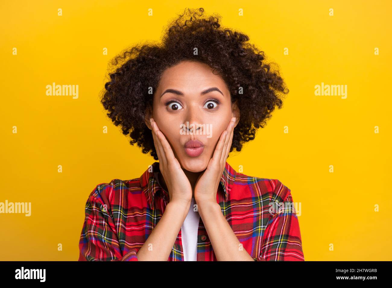 Portrait of attractive amazed girl sudden news reaction pout lips ...