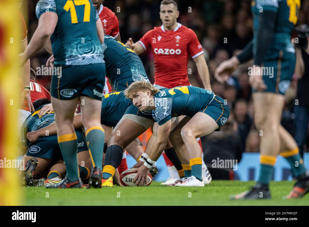 Replacement Wallabies' scrum half, Tate McDermott, readies tp pass the ...