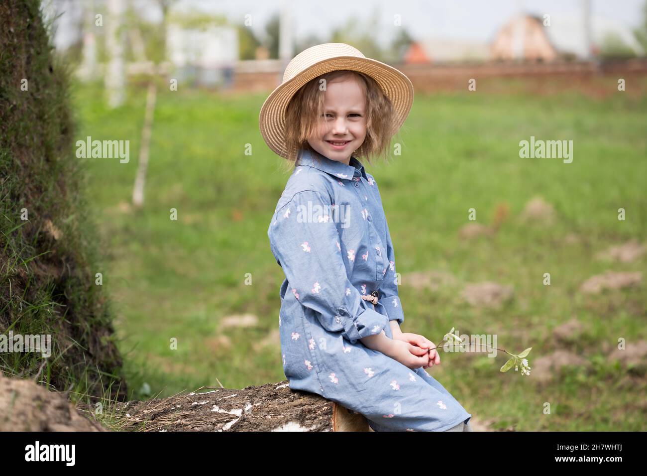 Cute little caucasian girl sits on a sawn log in the forest, next to it ...