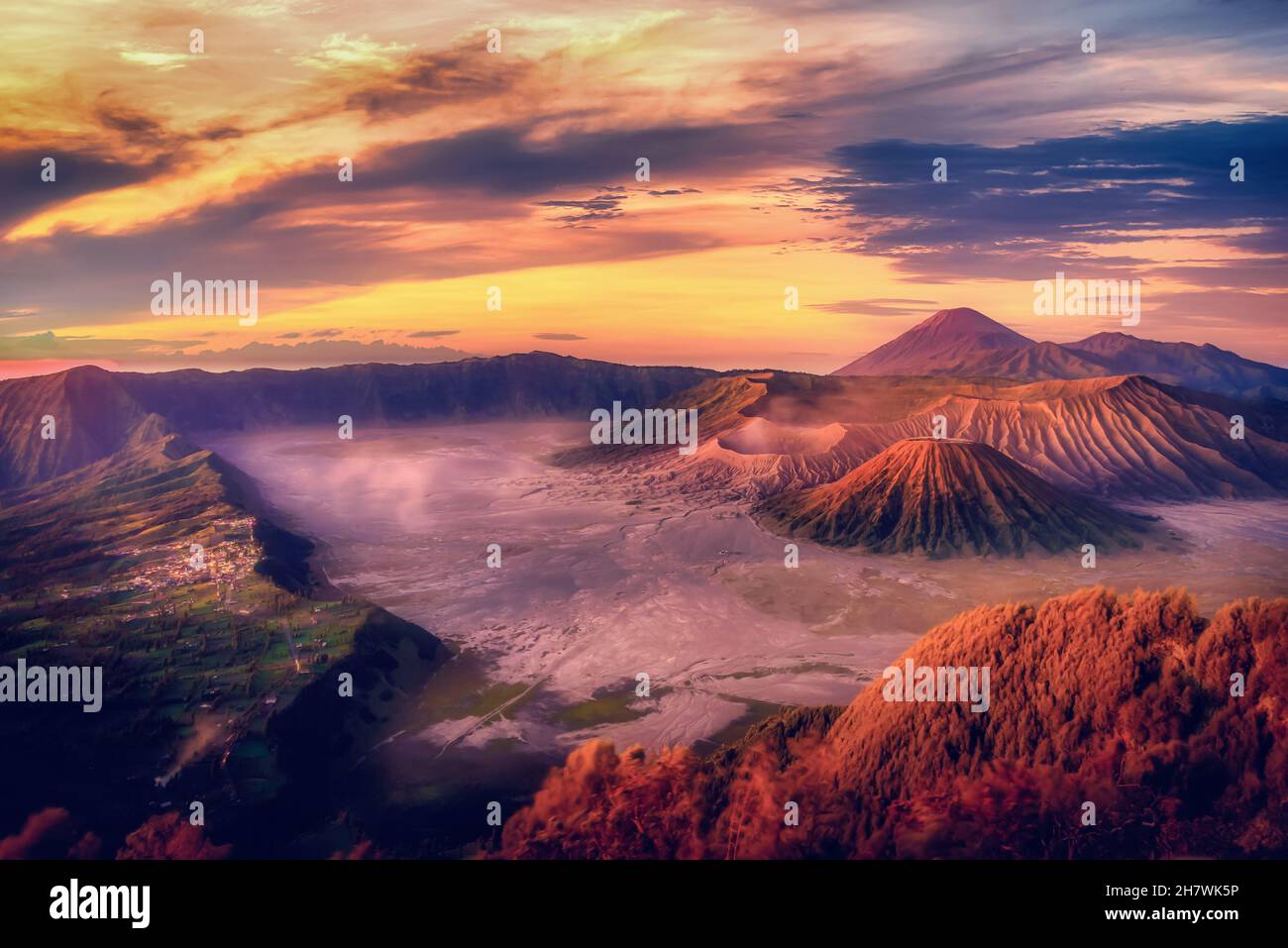 Mount Bromo volcano (Gunung Bromo) at sunrise with colorful sky ...
