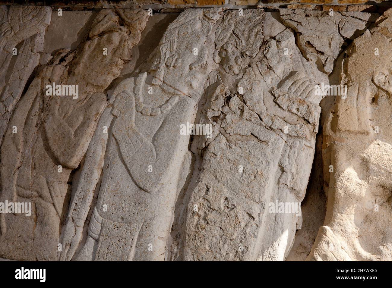 ancient mayan bas relief carvingsof a rabbit skull on a temple at the ...