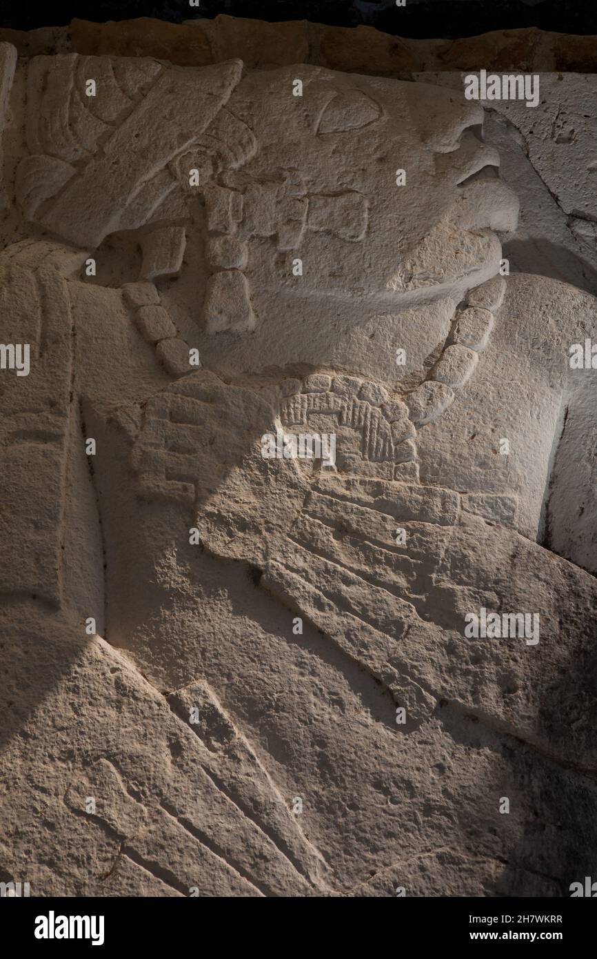 ancient mayan bas relief carvingsof a rabbit skull on a temple at the ...