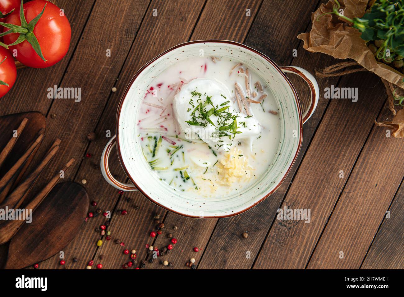 Russian traditional cold soup okroshka with kefir Stock Photo - Alamy