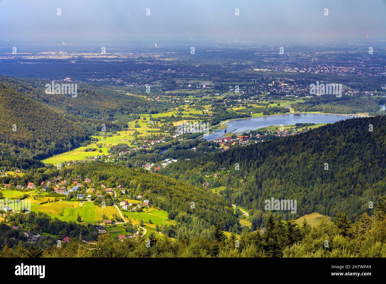 Panoramic view of Beskidy Mountains surrounding Miedzybrodzkie Lake and ...