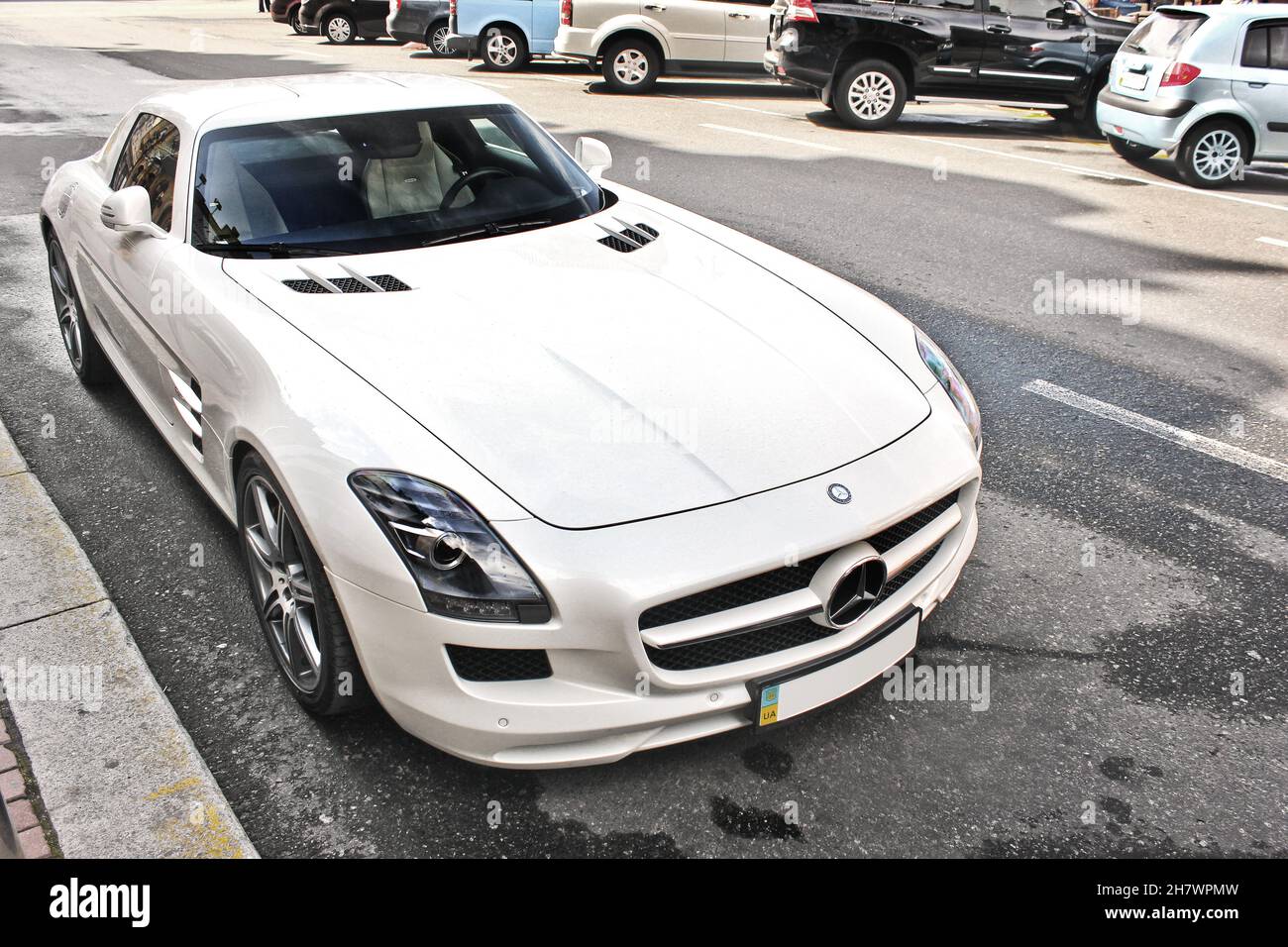 Kiev, Ukraine - April 1, 2016: White supercar Mercedes-Benz SLS-Class ...
