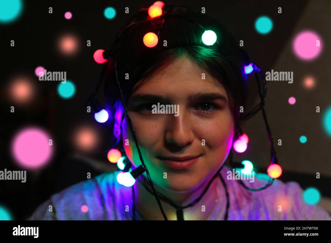 Christmas party. Close-up crazy happy young woman celebrating christmas ...