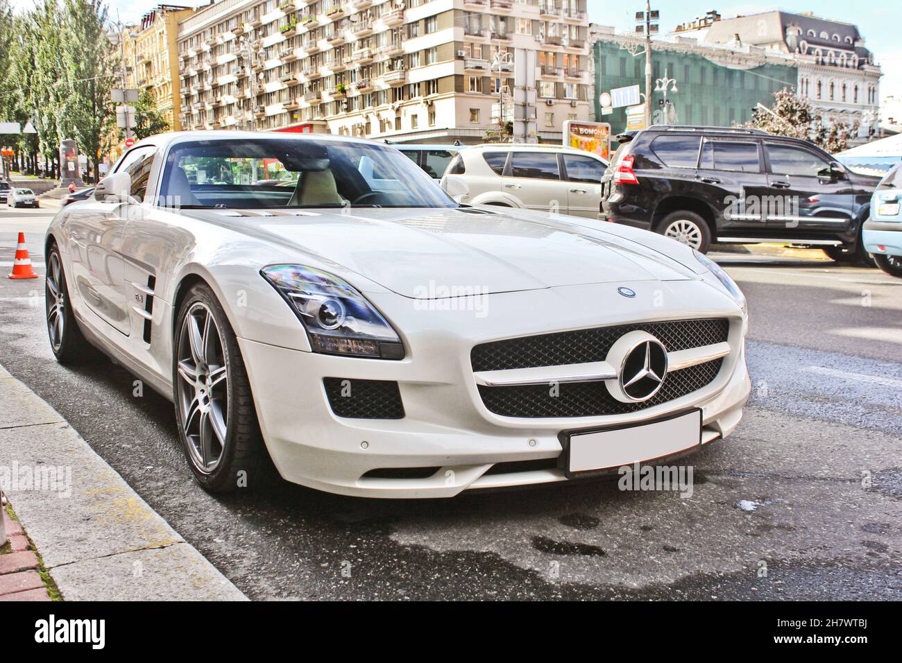 Kiev, Ukraine - April 1, 2016: White supercar Mercedes-Benz SLS-Class ...