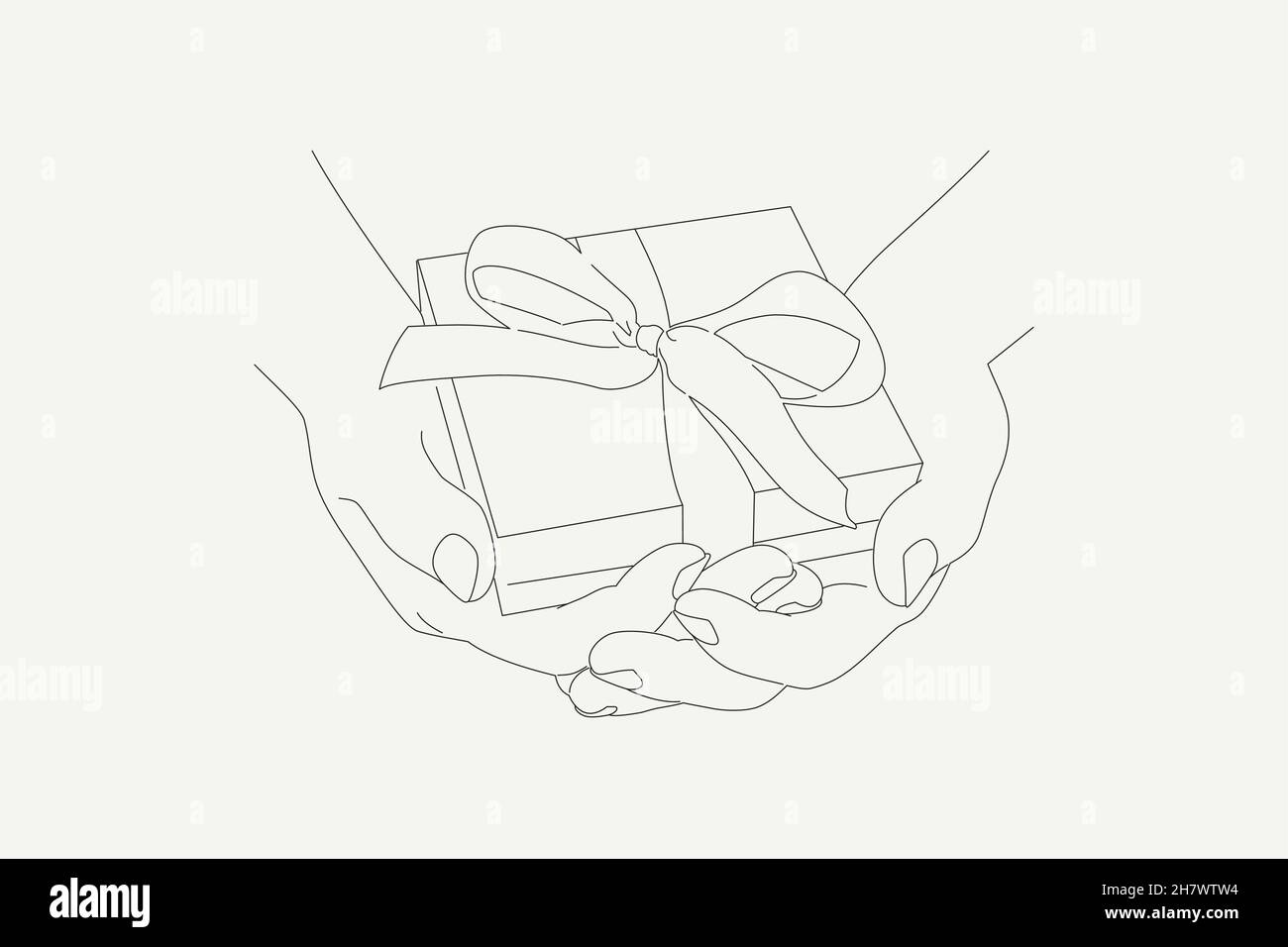 Hands holding gift in box. Gift box with a bow in hands. Two hands give ...