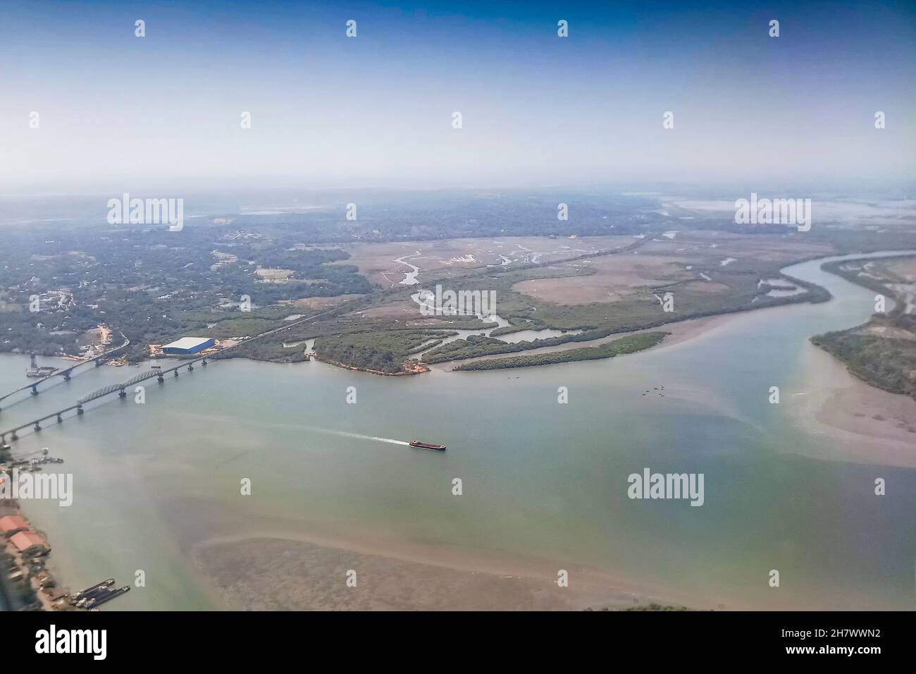 Aerial river and riverbed landscape of India, with nice white clouds in ...