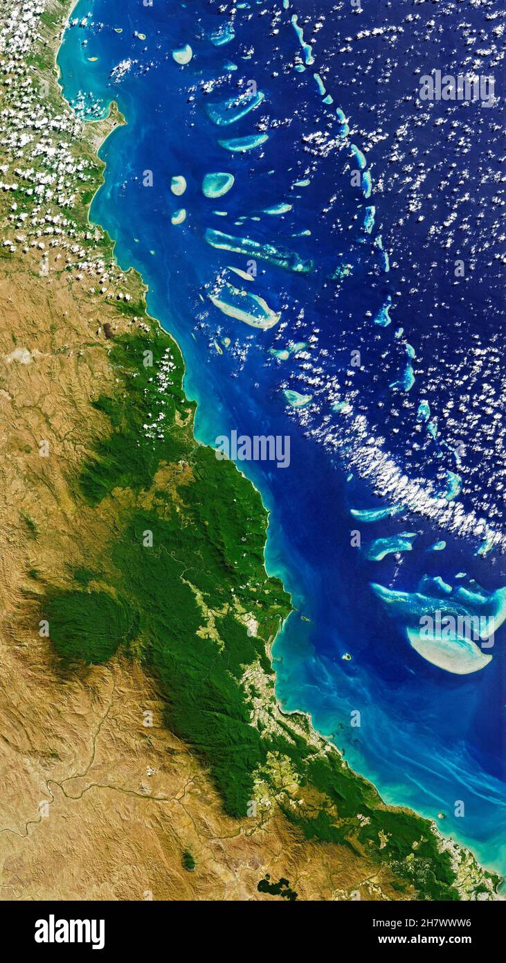 Aerial of the Great Barrier Reef and Daintree rainforest in northern ...