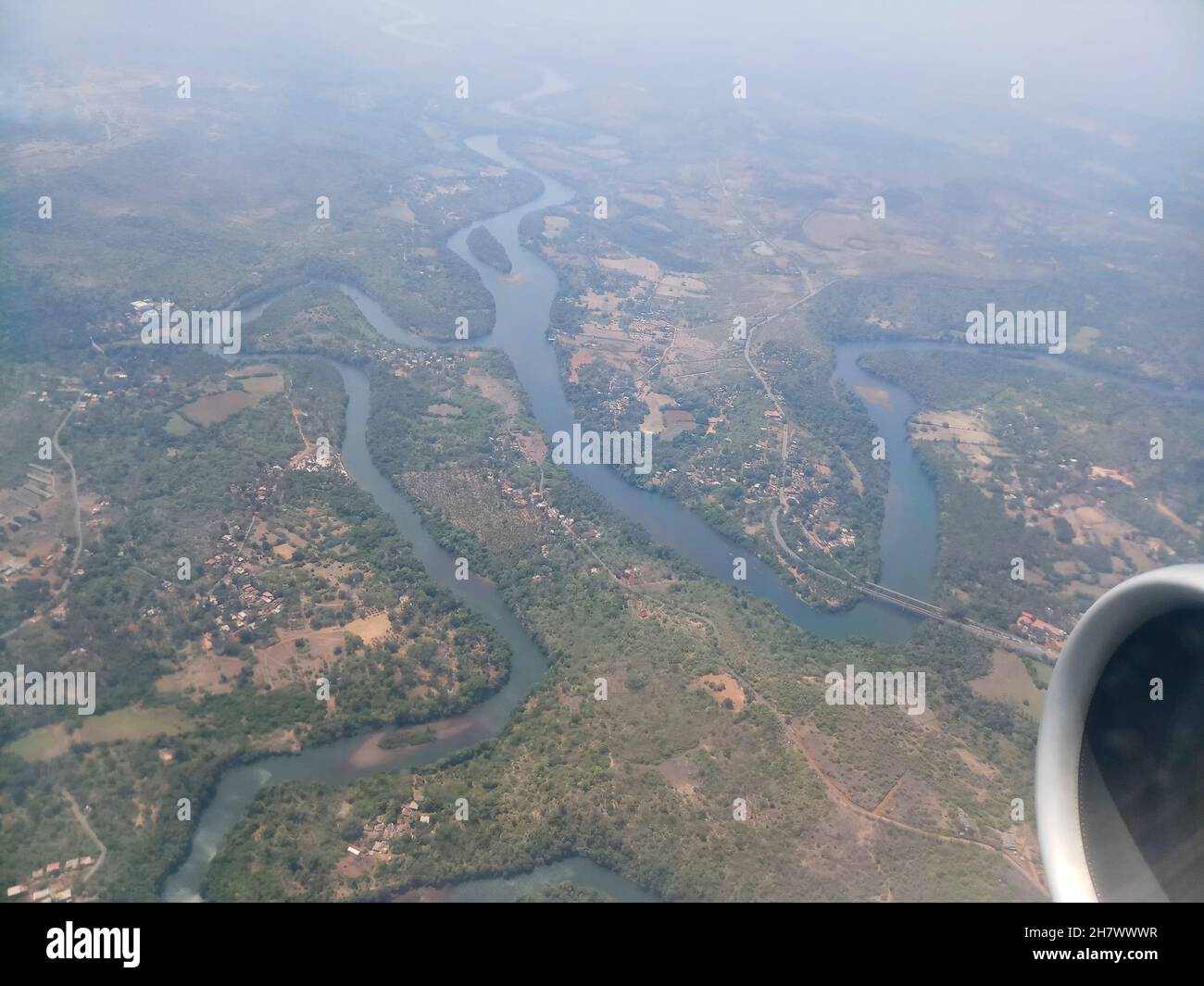 Aerial river and riverbed landscape of India, with nice white clouds in ...