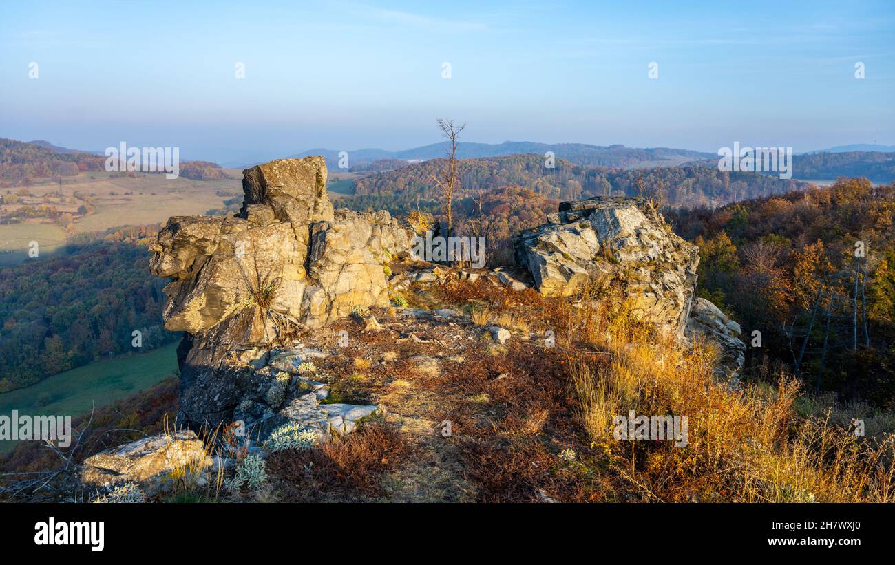 Kalich medieval castle ruins on the mountain summit Stock Photo - Alamy