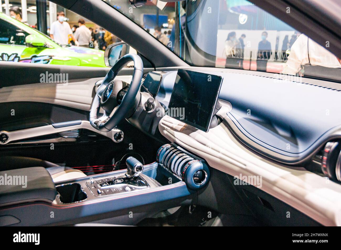 Interior of the BYD Yuan Plus car seen on display at the 2021 Guangzhou ...