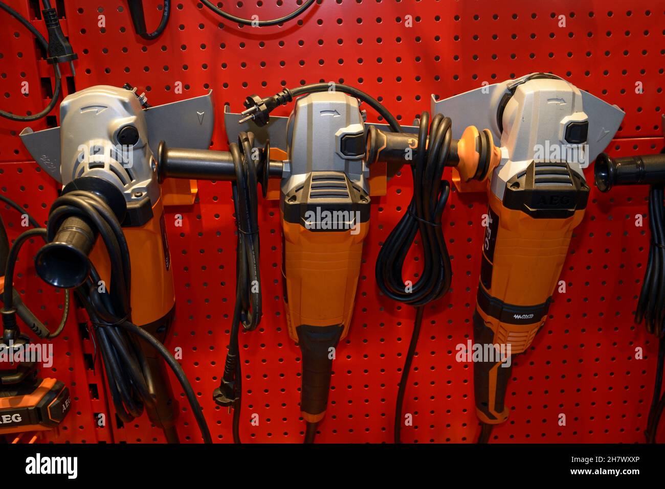 Modern electrical angle grinder, by AEG, presenting on stand Stock ...