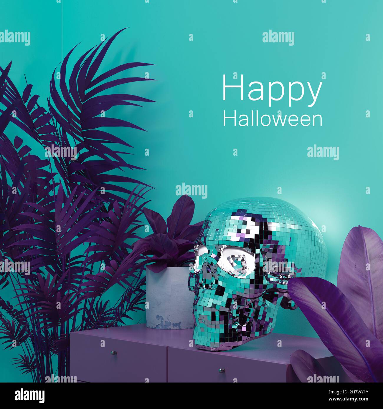 Disco ball skull with glowing eyes stands among houseplants in room ...